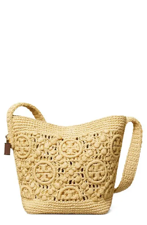Tory Burch Lock T Monogram Crochet Slim Straw Shoulder Bag