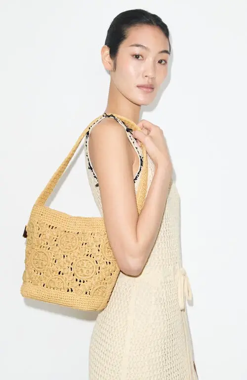 Tory Burch Lock T Monogram Crochet Slim Straw Shoulder Bag