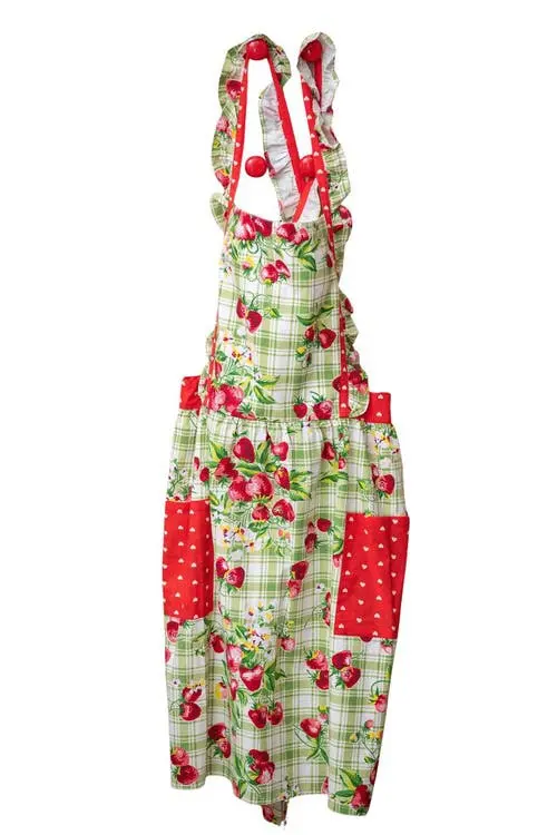 MODERN PRAIRIE Strawberry Gingham Ruffle Apron - Green