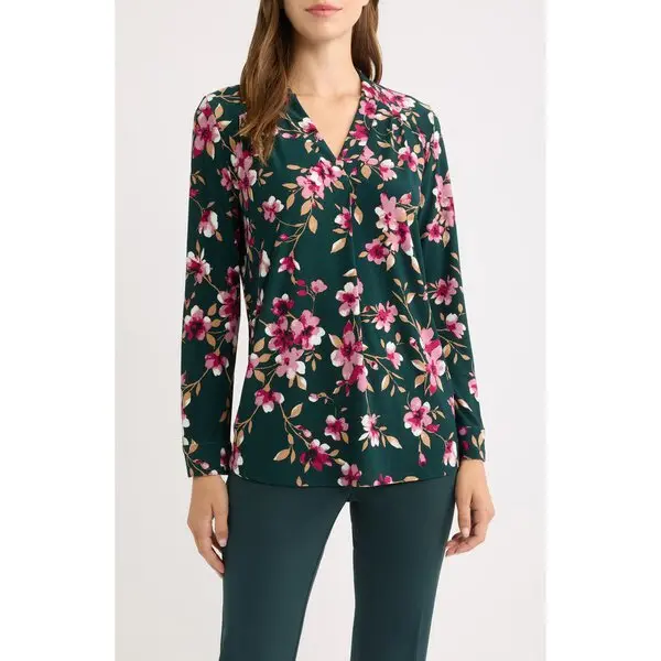 Anne Klein Printed Notched V-neck Long Sleeve Top