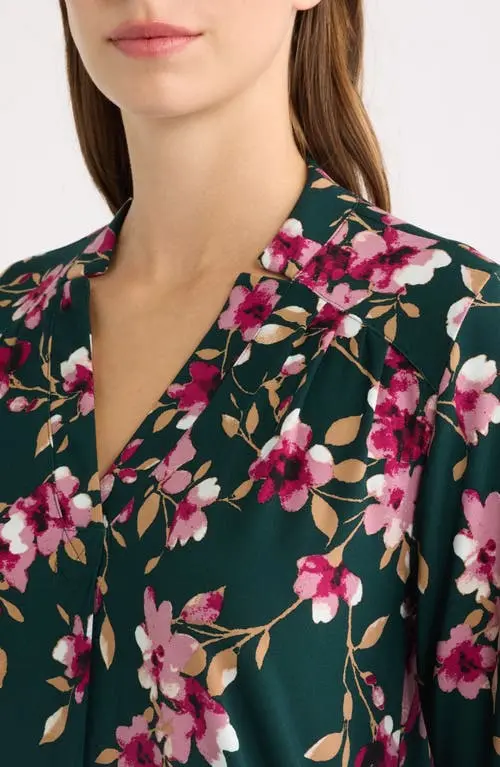 Anne Klein Printed Notched V-neck Long Sleeve Top