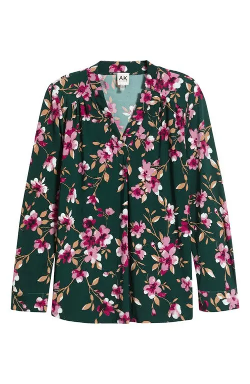Anne Klein Printed Notched V-neck Long Sleeve Top