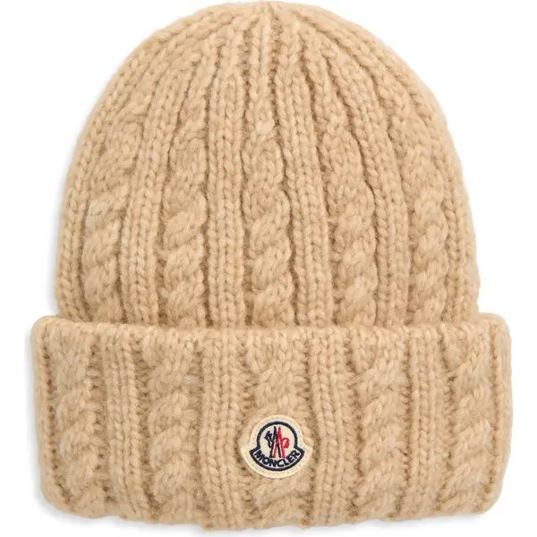 Moncler Cable Stitch Logo Patch Alpaca & Wool Blend Beanie - Beige