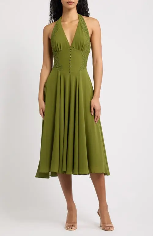 House Of Cb Georgette Lace Fit & Flare Midi Dress - Olive