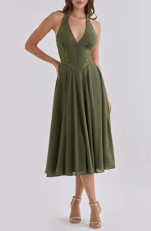 House Of Cb Georgette Lace Fit & Flare Midi Dress - Olive