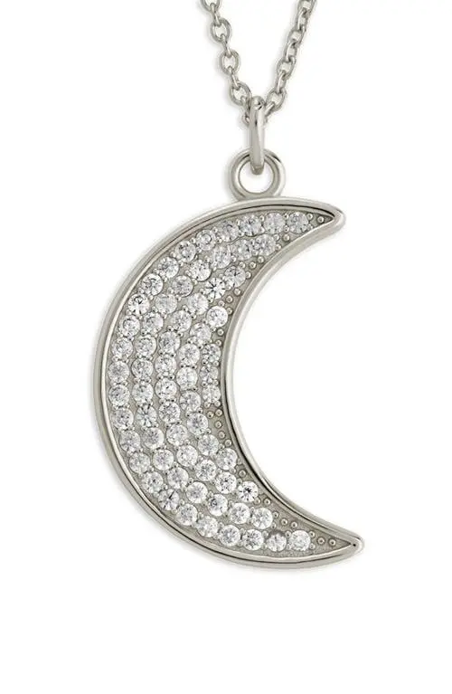 Sterling Forever Pav Cubic Zirconia Crescent Moon Pendant Necklace - Silver