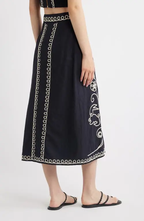 CLEOBELLA Sorina Embroidered Cotton & Linen Midi Skirt