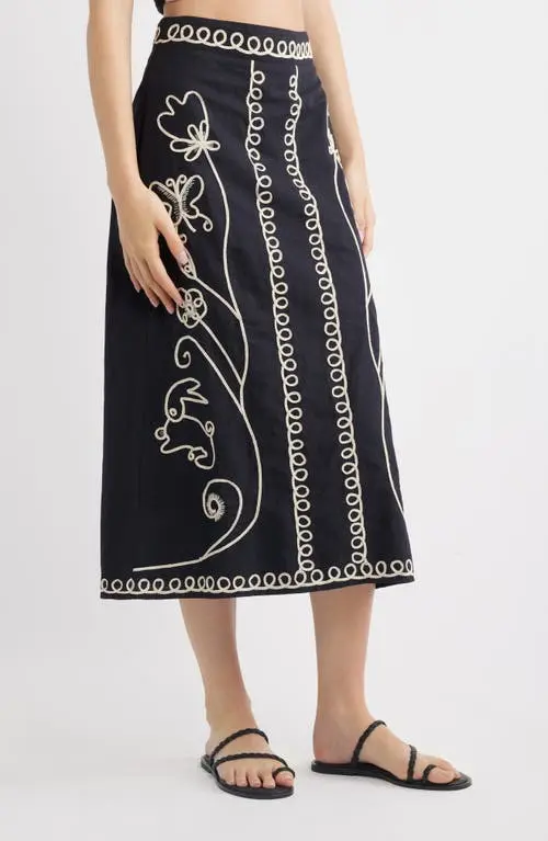 CLEOBELLA Sorina Embroidered Cotton & Linen Midi Skirt