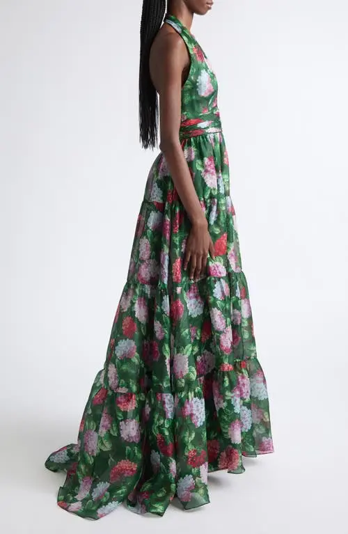 Carolina Herrera Hydrangea Tiered Silk Halter Neck Gown - Racing Green Multi