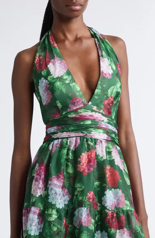 Carolina Herrera Hydrangea Tiered Silk Halter Neck Gown - Racing Green Multi