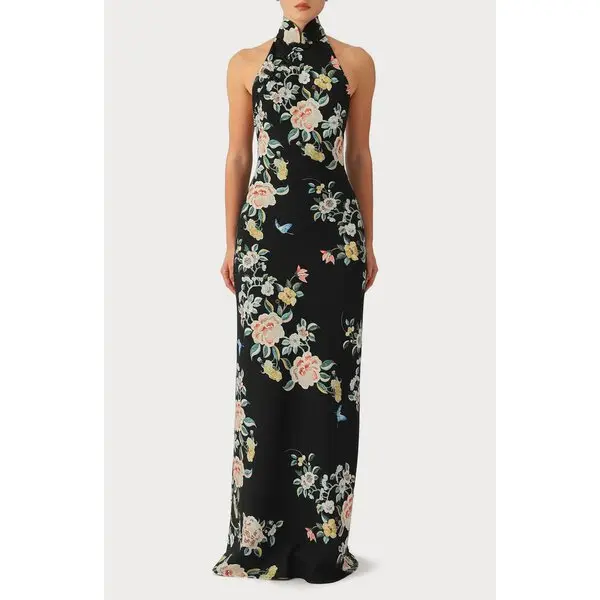 SAU LEE Georgia Floral Halter Gown - Black