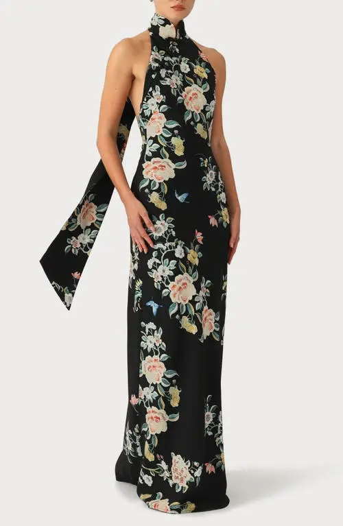 SAU LEE Georgia Floral Halter Gown