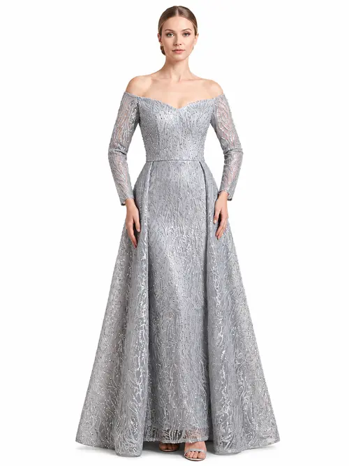 LARA NEW YORK Off Shoulder Overskirt Gown - Slate
