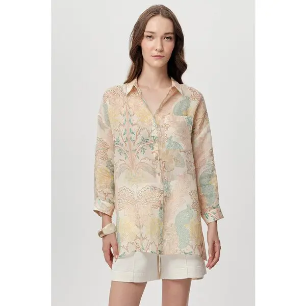 EXQUISE Aron Shirt Collar Long Sleeve Printed Ramie Shirt