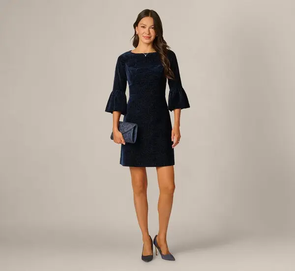 Adrianna Papell Bell Sleeve Floral Stretch Burnout Velvet Mini Dress - Navy