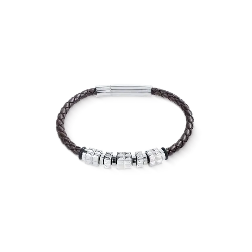 COEUR DE LION Braided Leather Bracelet With Stainless Steel Spikes Cubes - Silver