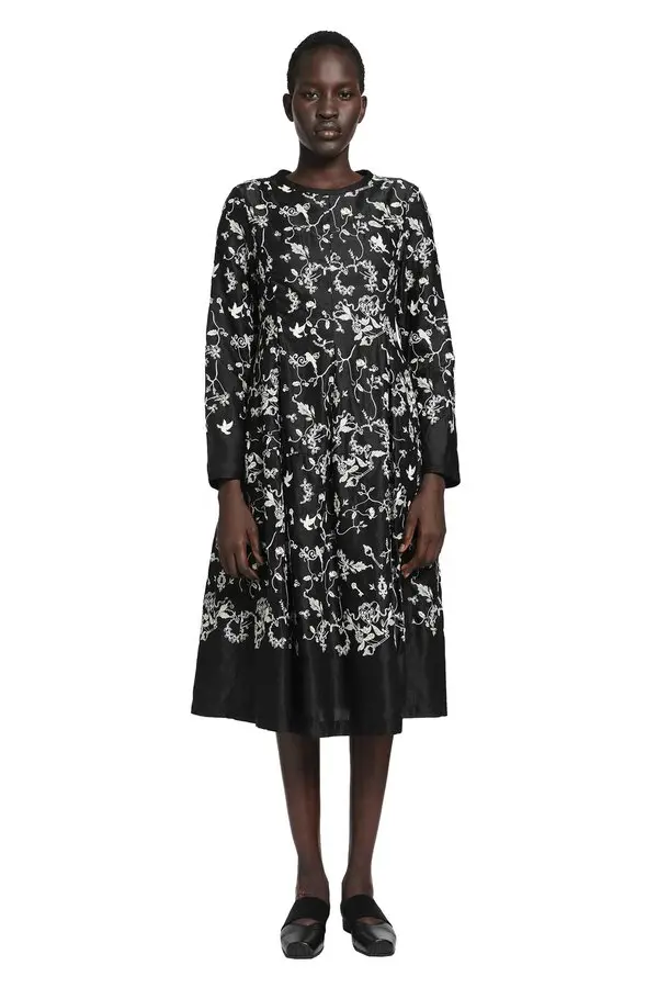 RENLI SU Floral Embroidered Cotton Silk Midi Dress