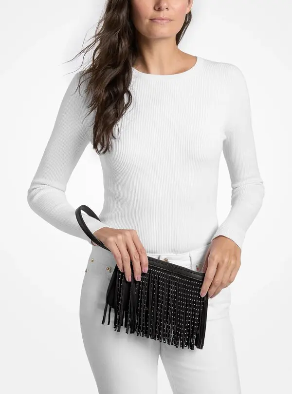 Michael Kors Jet Set Travel Small Studded Fringed Polyester Microsuede Wristlet
