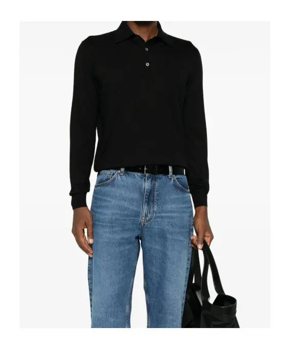 Fedeli Long-sleeve Polo Sweater - Black