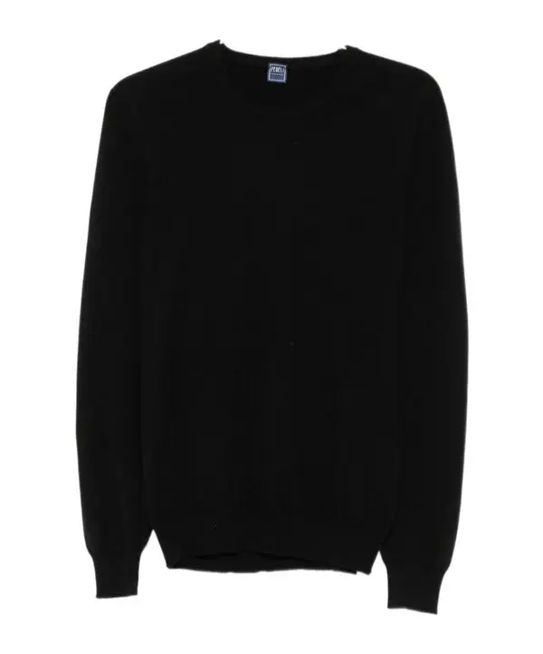 Fedeli Crew Neck Long Sleeve Fine Knit Sweater - Black