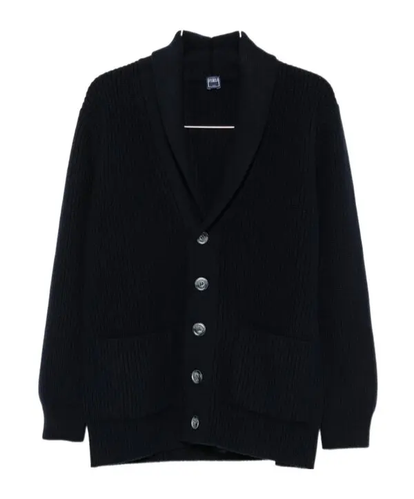 Fedeli Ribbed Knit Shawl Collar Cardigan - Navy Blue