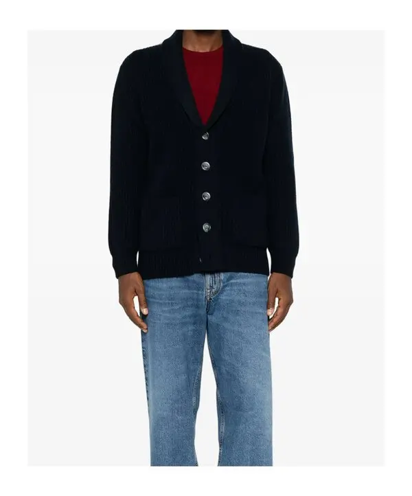 Fedeli Ribbed Knit Shawl Collar Cardigan - Navy Blue