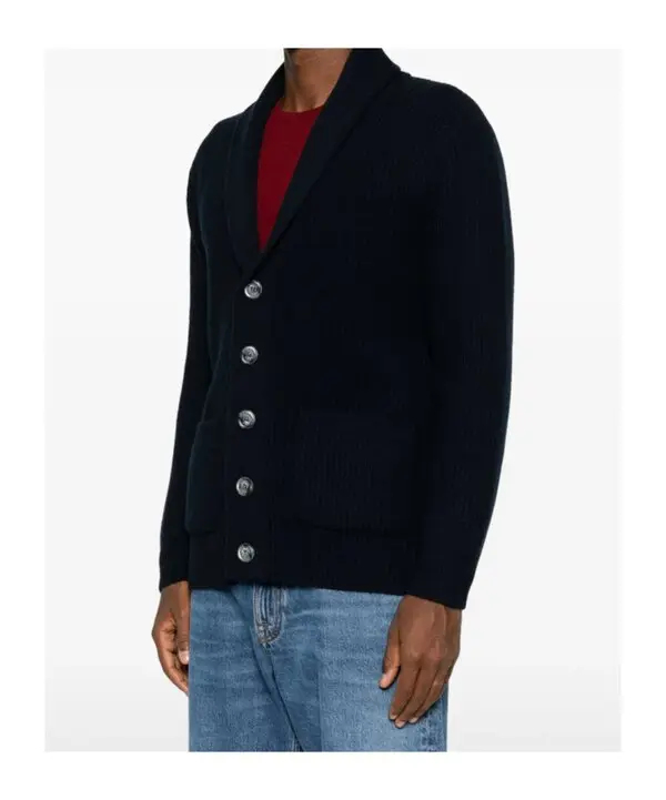 Fedeli Ribbed Knit Shawl Collar Cardigan - Navy Blue
