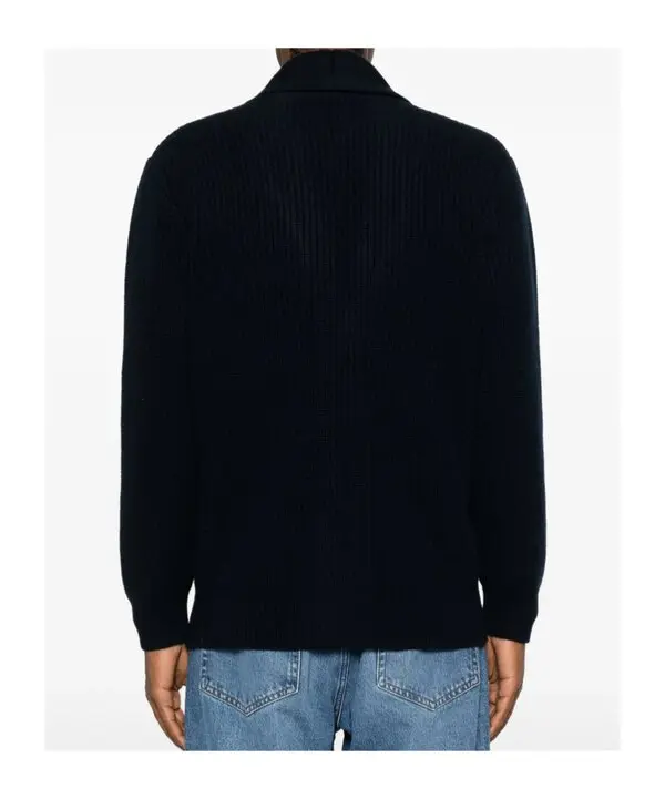 Fedeli Ribbed Knit Shawl Collar Cardigan - Navy Blue