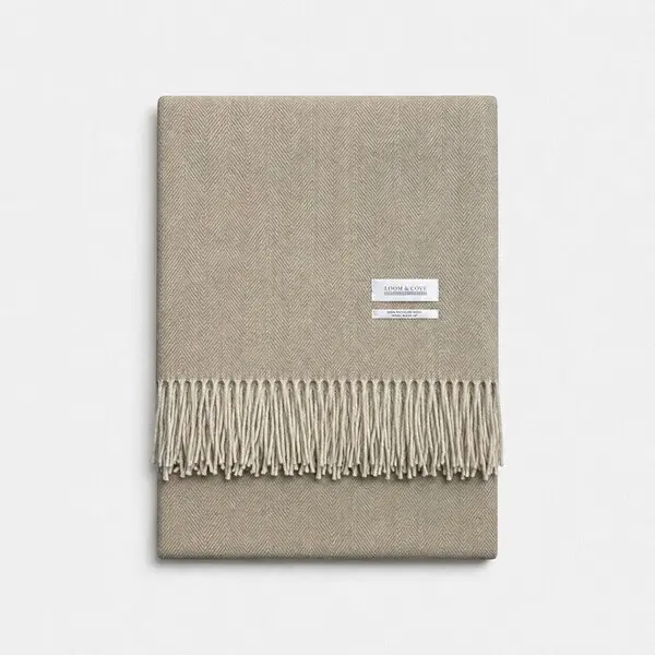 LOOM & COVE Neutrals Sand Herringbone 100% Recycled Wool Tartan Blanket - Beige