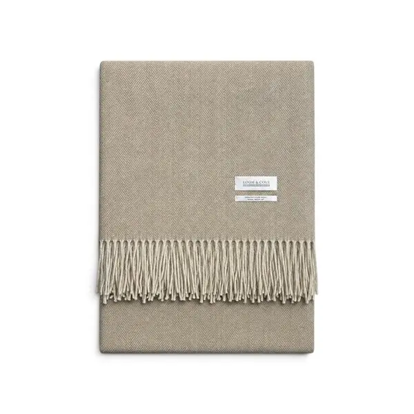 LOOM & COVE Neutrals Sand Herringbone 100% Recycled Wool Tartan Blanket - Beige