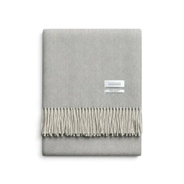 LOOM & COVE Light Herringbone 100% Recycled Wool Tartan Blanket - Grey