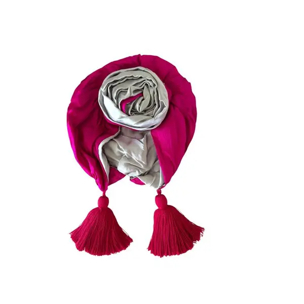 JULIA CLANCEY Pink / Grey Edith Silk Tassel Reversible Turban