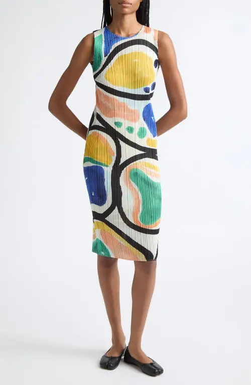 Issey Miyake Roll Pleated Sleeveless Midi Dress - Blue Multi