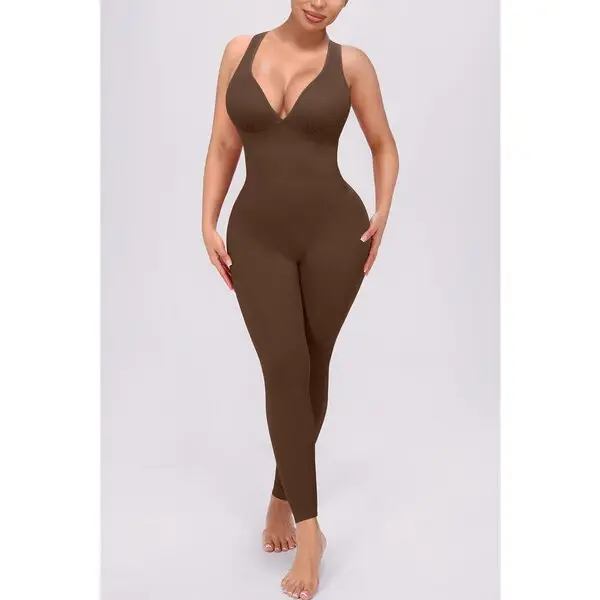 SHAPELLX Plunge Built-in Bra Shaping Jumpsuit - Brown