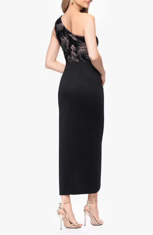 Betsy & Adam One-shoulder Metallic Floral Cocktail Midi Dress