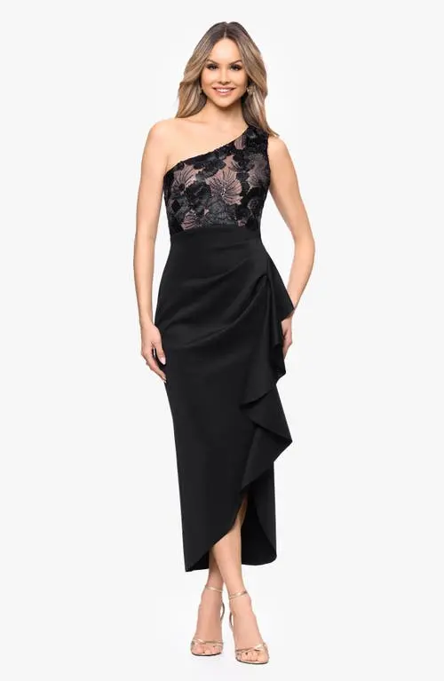 Betsy & Adam One-shoulder Metallic Floral Cocktail Midi Dress