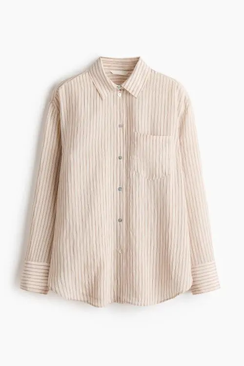 H&M Oversized Crinkled Shirt With Classic Collar - Light Beige/striped