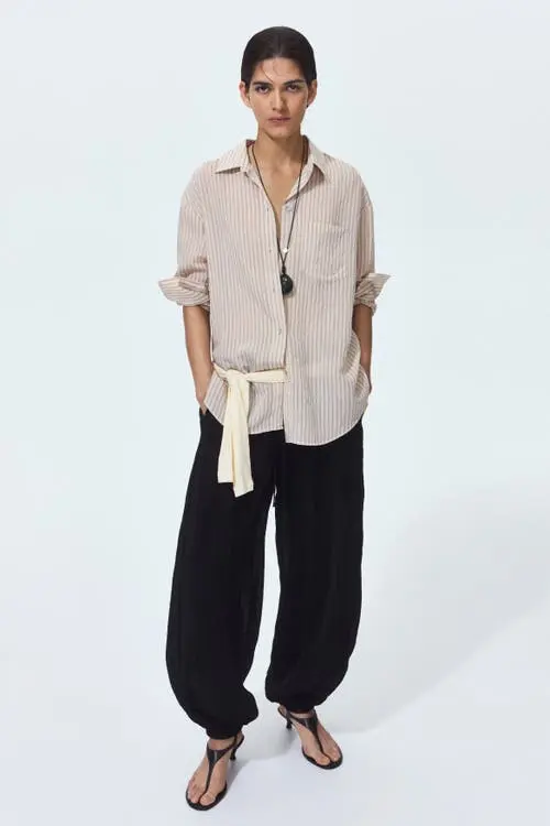 H&M Oversized Crinkled Shirt With Classic Collar - Light Beige/striped