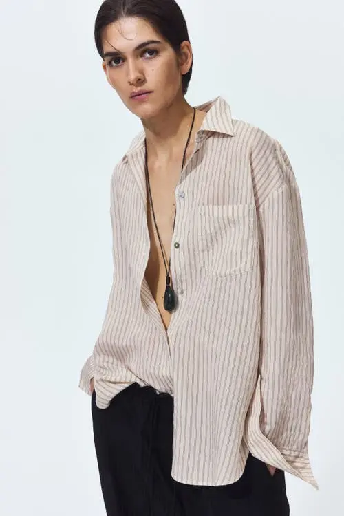 H&M Oversized Crinkled Shirt With Classic Collar - Light Beige/striped