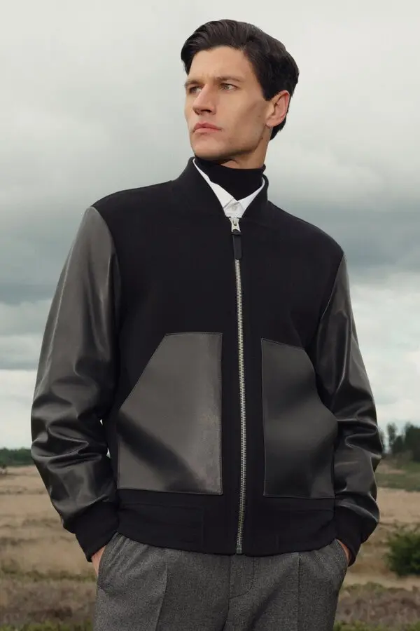 Mackage Tripp Wool Bomber Jacket With Leather Sleeves - Black