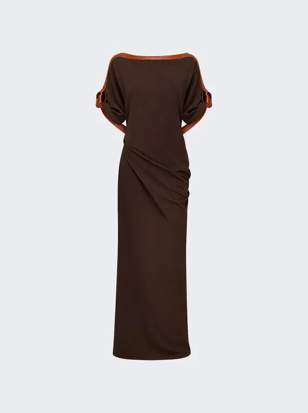 FERRAGAMO Long Viscose Dress With Leather Trim