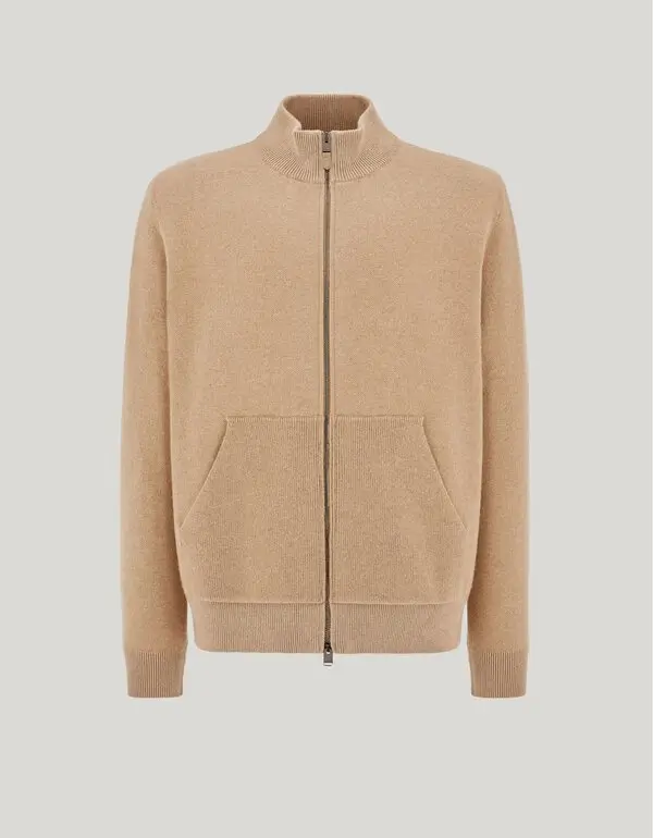 Canali Camel Wool, Cotton And Cashmere Full-zippered Straight-cut Sweatshirt