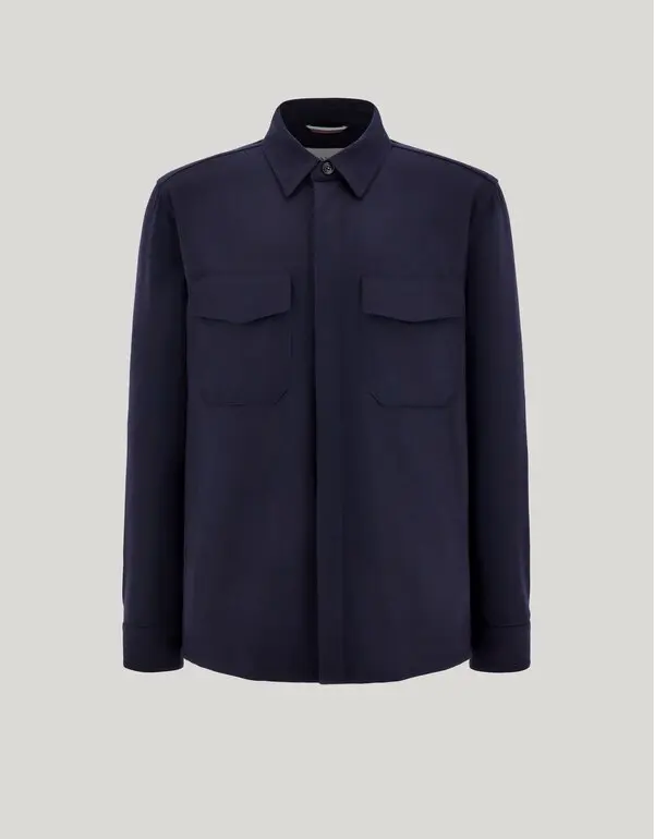Canali Navy Wool Flannel Relaxed-fit Overshirt