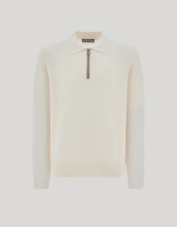 Canali Wool And Cashmere Blend Zip-up Polo Shirt With Nubuck Details - White