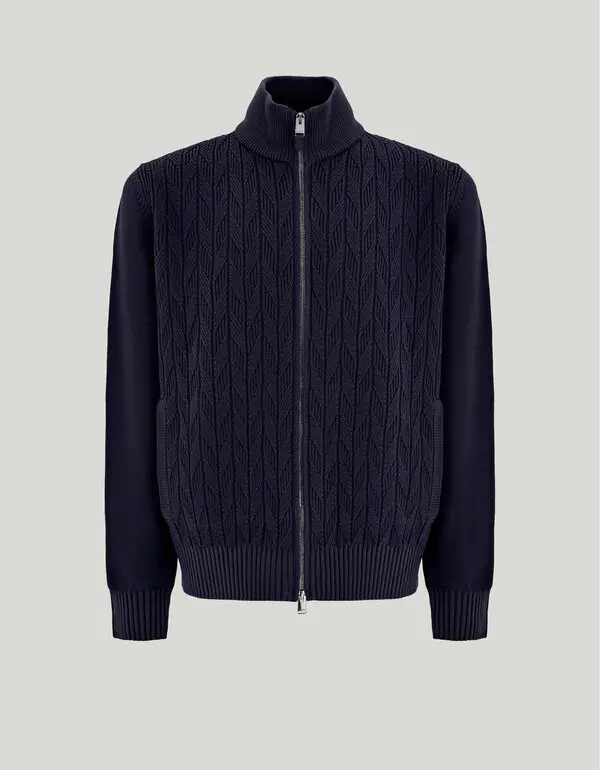 Canali Navy Macro-structured Wool Zippered Cardigan - Blue