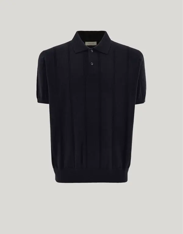 Canali Navy Merino Wool Structured-rib Polo Shirt