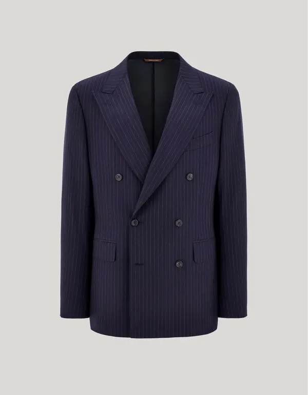 Canali Navy And Gray Wool Double-breasted Pinstriped Modern-fit Jacket