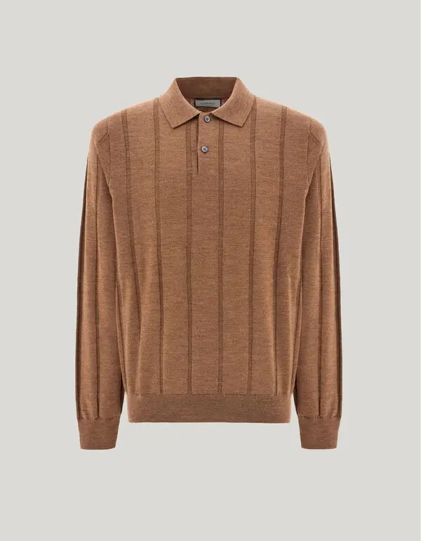 Canali Ocher Merino Wool Structured-rib Polo Shirt