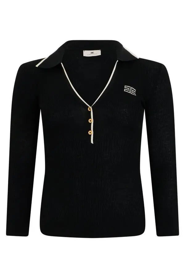 Elisabetta Franchi Ribbed Wool Polo-collar Sweater - Black