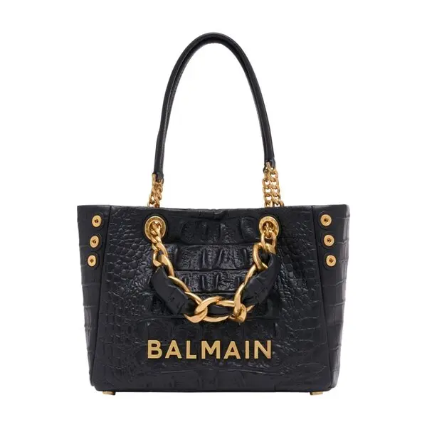 Balmain 1945 Soft Basket Small Calfskin Embossed Croc Mini Bag